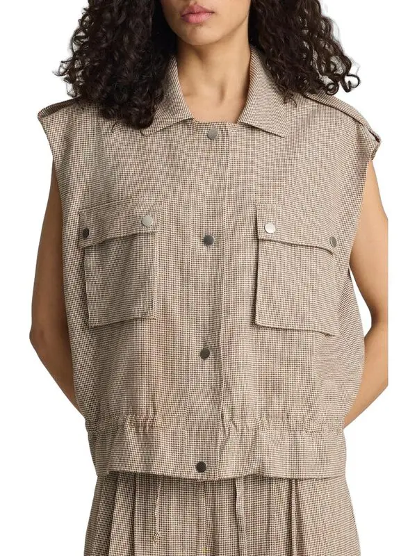 KENNETH COLE Puppytooth Check Linen Blend Short Sleeve Jacket - Brunette/pure White