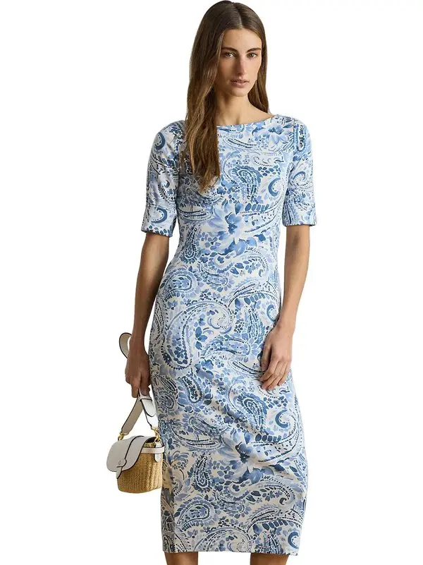 Ralph Lauren Paisley Cotton Boatneck Midi Dress - White/blue