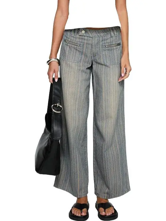 Princess Polly Lifetime Mid Rise Wide Leg Jeans - Dark Blue Stripe