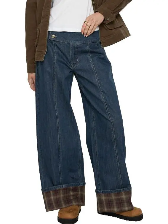Princess Polly Nikolette Foldover Wide Leg Jeans - Dark Wash/check