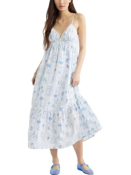 Bp. Ruffled Hem Cotton Maxi Dress - White- Blue Vacation Stamp