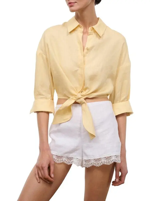 Staud Lisa Tie Front Linen Button-up Top - Butter