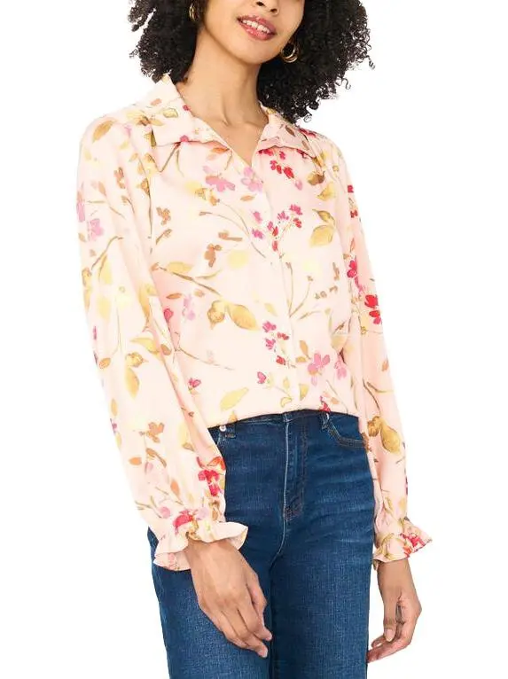 Vince Camuto Floral Print Ruffle Trim Shirt - Cozy Peach