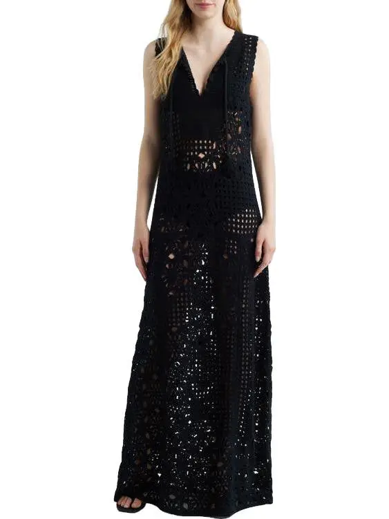FRAME The Postcard Tie Neck Crochet Maxi Dress - Black