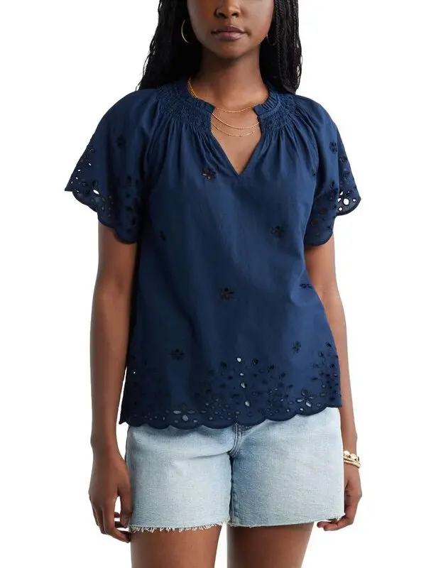 Caslon Eyelet Ruffle Trim Cotton Top With Scalloped Edges - Navy Still
