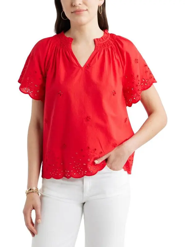 Caslon Eyelet Ruffle Trim Cotton Top With Scalloped Edges - Red Radish