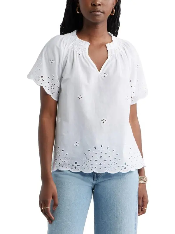 Caslon Eyelet Ruffle Trim Cotton Top With Scalloped Edges - White