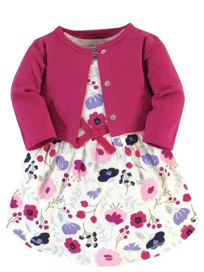 TOUCHED BY NATURE Organic Cotton Dress And Cardigan Set - Pink Botanical