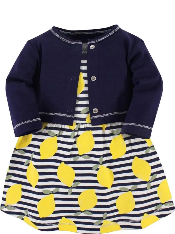 TOUCHED BY NATURE Organic Cotton Floral Dress And Cardigan Set - Lemons