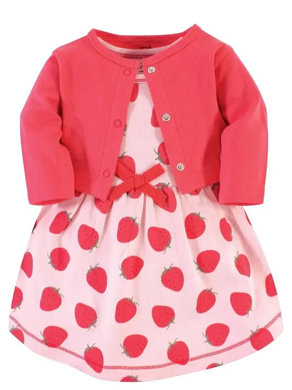 TOUCHED BY NATURE Organic Cotton Floral Dress And Cardigan Set - Strawberries