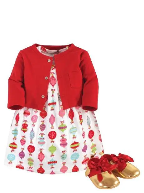 LITTLE TREASURE Cotton Dress, Cardigan, And Shoes Set - Glitzmas