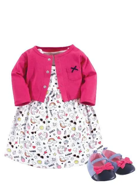 LITTLE TREASURE Cotton Dress, Cardigan, And Shoes Set - Happy Rainbow