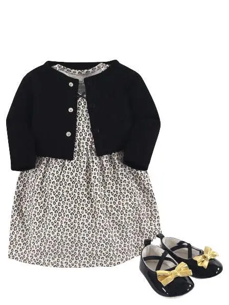 LITTLE TREASURE Cotton Dress, Cardigan, And Shoes Set - Leopard