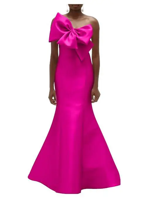 Amsale Mikado Twisted Double Bow Gown - Fuchsia