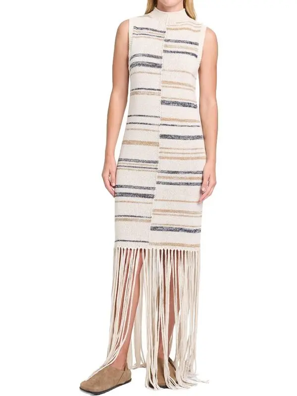 TWP Striped Fringe Detail Stretch Silk & Linen Sweater Dress - Ivory Multi
