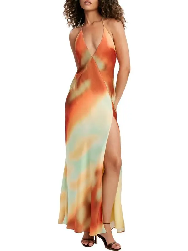 Bardot Lizbeth Abstract Sunrise Print Satin Maxi Dress - Sunrise Abstract