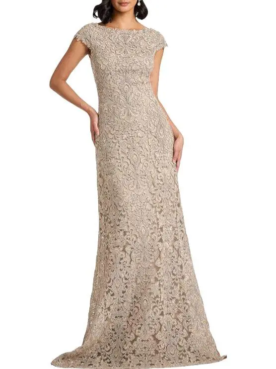 Tadashi Shoji Bateau Neck Lace Gown - Pumice