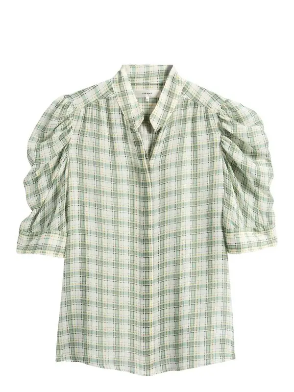 FRAME Gillian Check Print Silk Top - Jade Green Multi