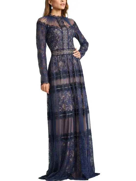 Tadashi Shoji Long Sleeve Lace Gown With Illusion Neck - Royal Navy/nude
