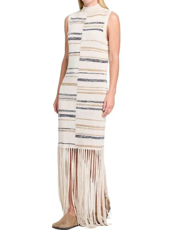 TWP Striped Fringe Detail Stretch Silk & Linen Sweater Dress - Ivory Multi