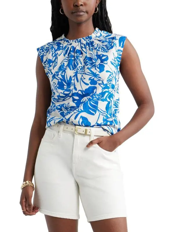 Caslon Floral Print Cotton Top With Ruffle Trim - Ivory- Blue Ellie Blossom