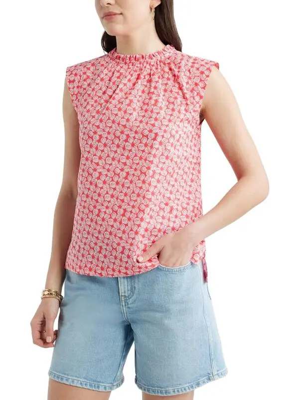 Caslon Floral Print Cotton Top With Ruffle Trim - Red Geranium- White Sea Geo