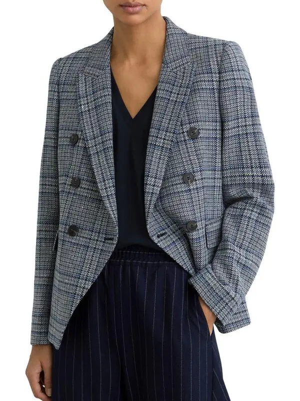 REISS Larissa Plaid Double Breasted Jacket - Navy Check