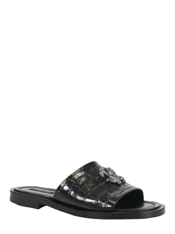 Roberto Cavalli Croc Embossed Leather Slide Sandals With Signature Hardware - Black