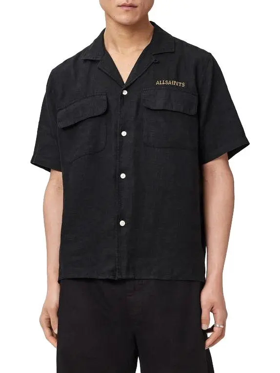 ALLSAINTS Dunloe Embroidered Linen Button-up Camp Shirt - Jet Black