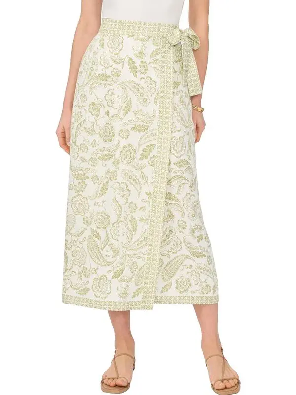 Vince Camuto Mixed Print Wrap Midi Skirt - Sage