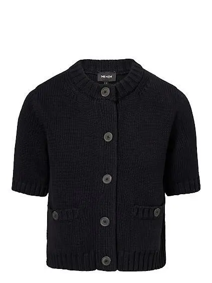 ME+EM Me + Em Round Neck Short Sleeve Cotton Cardigan - Black