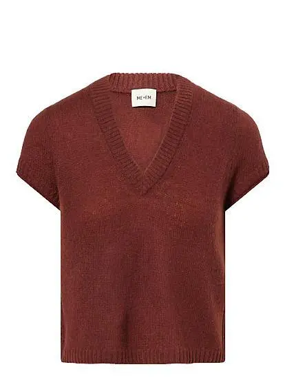 ME+EM V-neck Short-sleeve Merino Wool-blend Top - Cinnamon Brown