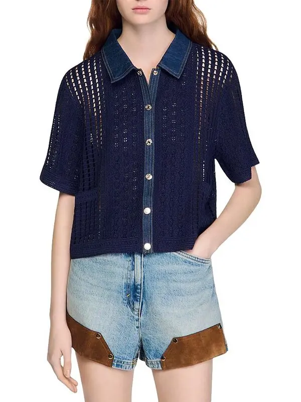 Sandro Crochet And Denim Cardigan - Navy Blue