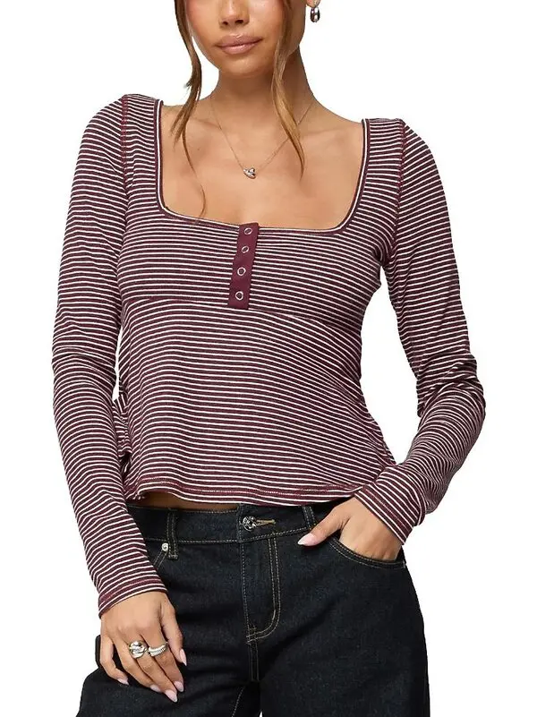 EDIKTED Striped Babydoll Henley Top - Burgundy