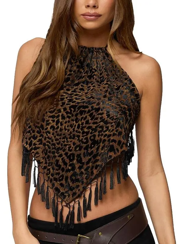 EDIKTED Printed Backless Tassel Handkerchief Top - Brown