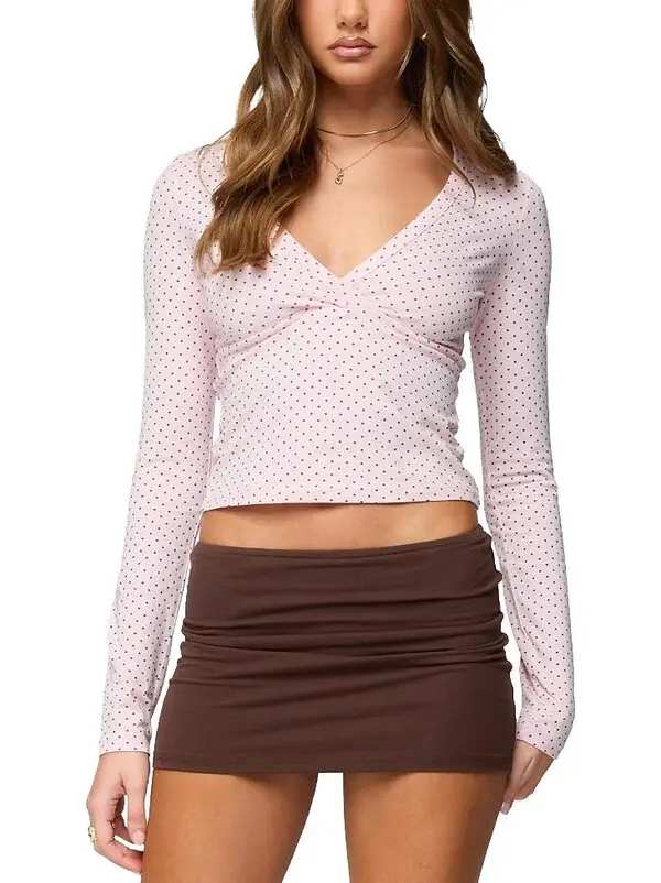 EDIKTED Kianah Polka Dot V Neck T-shirt - Light-pink