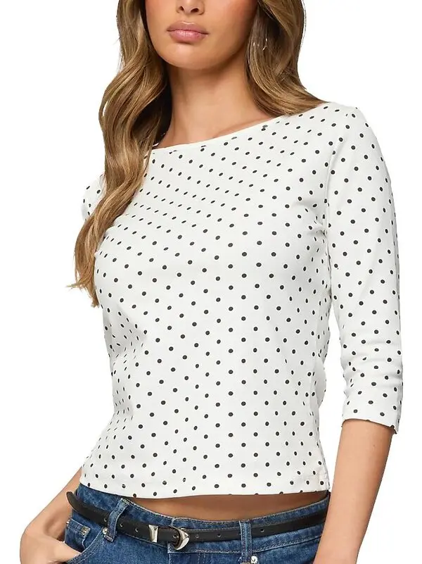 EDIKTED Lela Polka Dot Quarter Sleeve Top - White-and-black