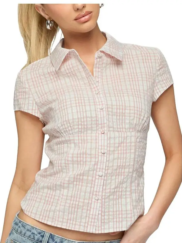 EDIKTED Plaid Tailored Button-up Shirt - Pink-and-white