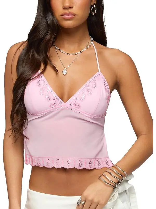 EDIKTED Allise Backless Sequin Halter Top - Pink