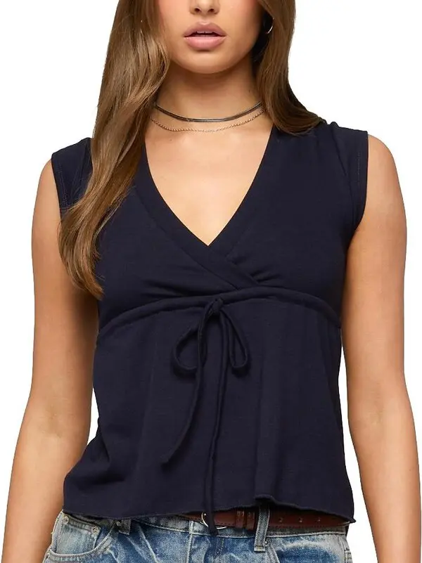 EDIKTED Sleeveless V-neck Tie Front Babydoll Top - Navy