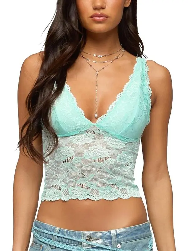 EDIKTED Vanya Sheer Lace V Neck Top - Aqua