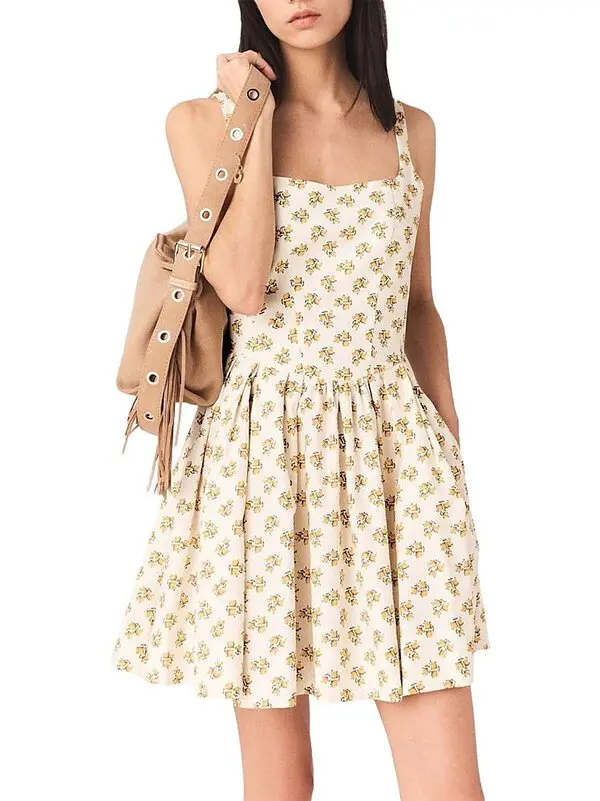 Maje Short Flared Floral Dress - Yellow Small