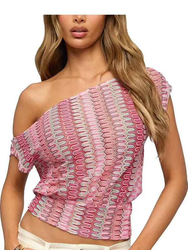 EDIKTED Taniya Off Shoulder Zigzag Knit Top - Pink