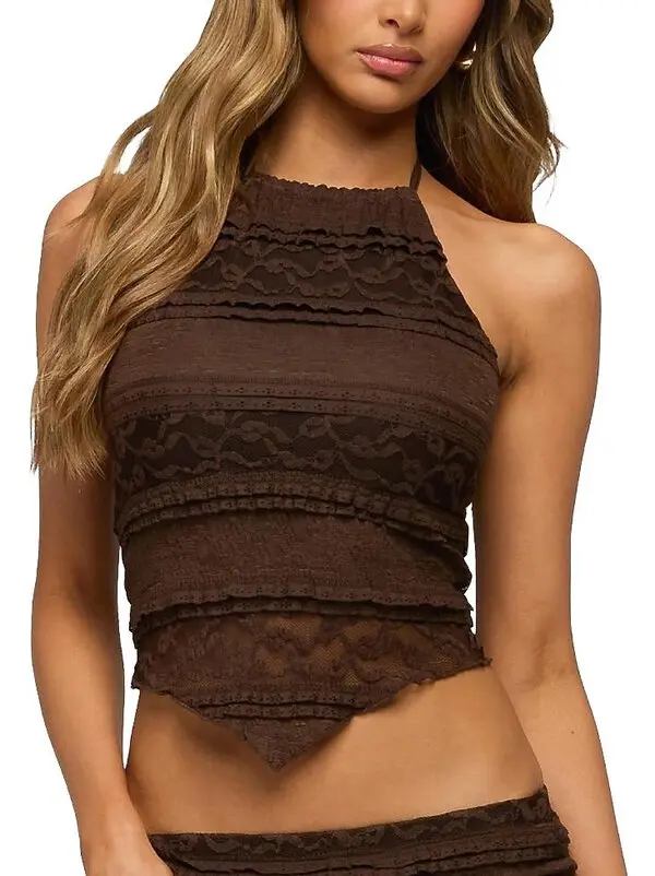 EDIKTED Zoya Handkerchief Lace Halter Top - Brown
