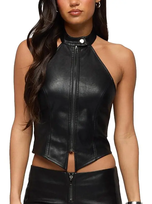 EDIKTED Diana Zip Up Halter Top - Black
