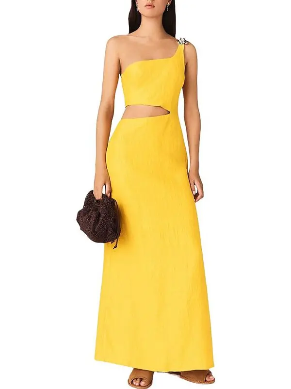 Maje One-shoulder Cut-out Linen Blend Maxi Dress - Orange