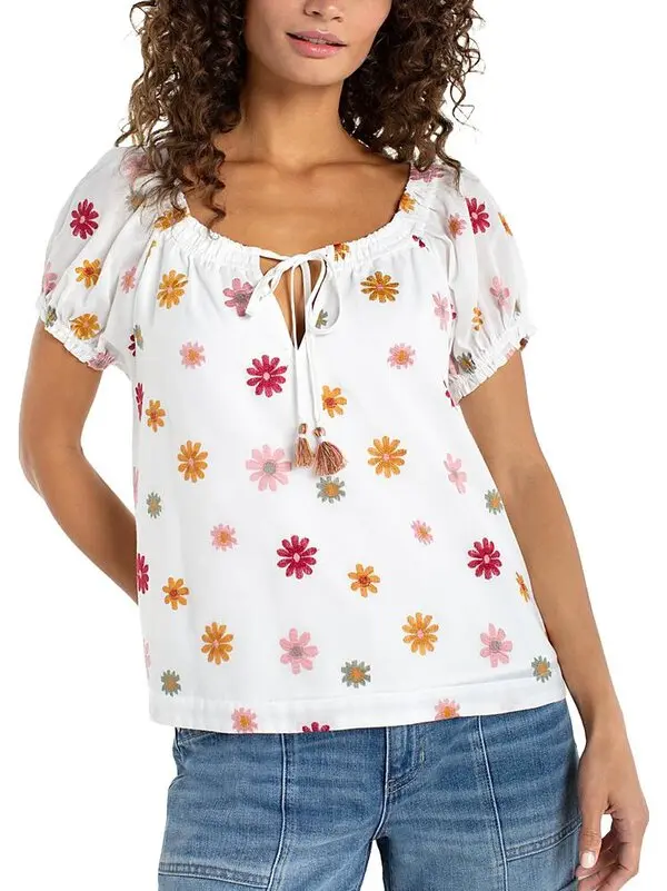 LIVERPOOL Floral Tie Neck Top - White Multi Flower