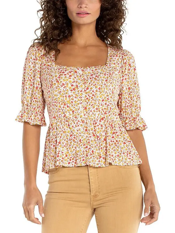 LIVERPOOL Floral Square Neck Peplum Top - Pristine Multi