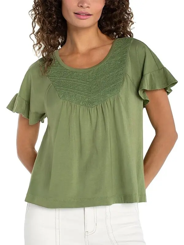 LIVERPOOL Embroidered Flutter Sleeve Top - Juniper Green