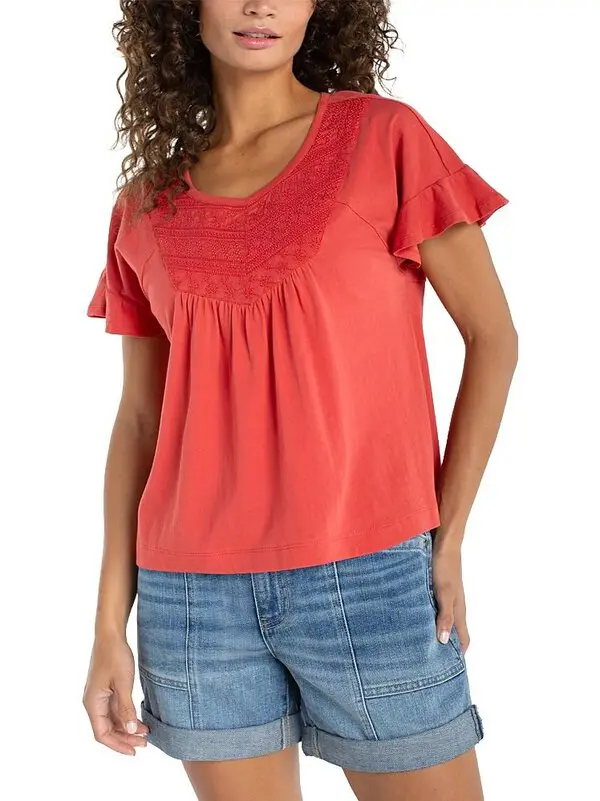 LIVERPOOL Embroidered Flutter Sleeve Top - Red Clay